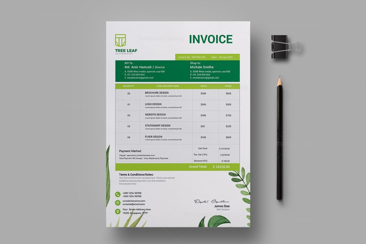 Three Leaf Professional Invoice Design Template - Graphic Templates